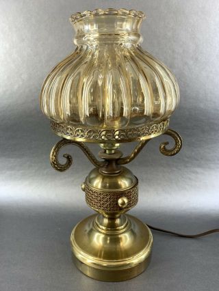 Hurricane Table Lamp Vintage 14” Amber Glass & Brass Bronze Gone With ...