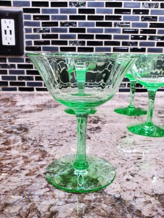 4 Vintage Green Depression Uranium Glass Line Optic Champagne Coupes ...