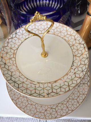 Grace ' S Teaware White Gold Geometric Design 2 Tier Cake Desert ...